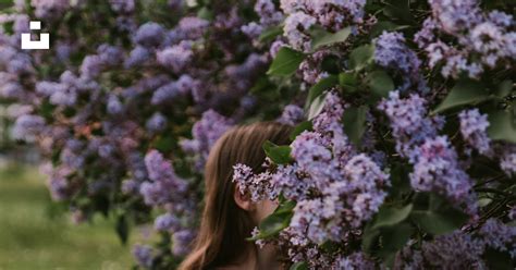 Una Mujer Parada Frente A Un Arbusto Con Flores Púrpuras Foto Imagen