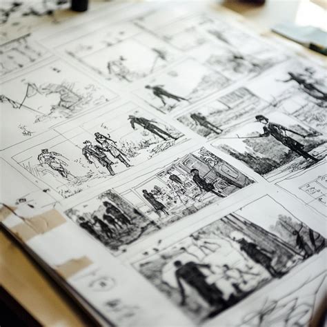 A Closeup Of A Storyboard With Handdrawn Scenes And Notes For A Film