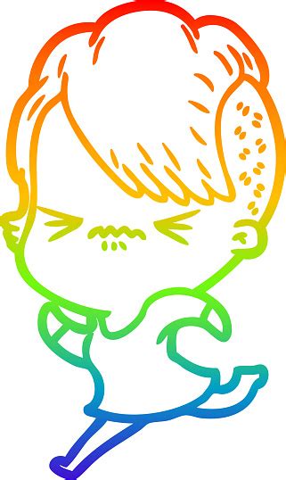 만화 짜증나는 힙 스터 소녀의 무지개 그라데이션 선 그리기 고풍스런에 대한 스톡 벡터 아트 및 기타 이미지 고풍스런 그라데이션 낙서 드로잉 Istock