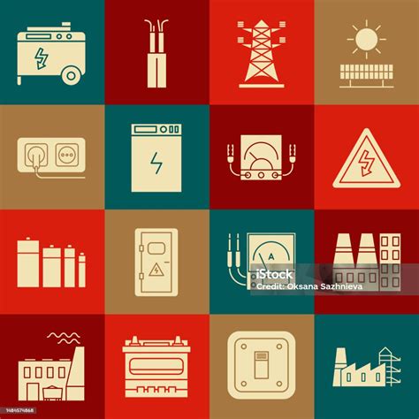 발전소 공장 및 공장 고전압 표지판 전봇대 라인 은행 전기 콘센트 휴대용 발전기 및 암페어 미터 멀티 미터 전압계 아이콘을