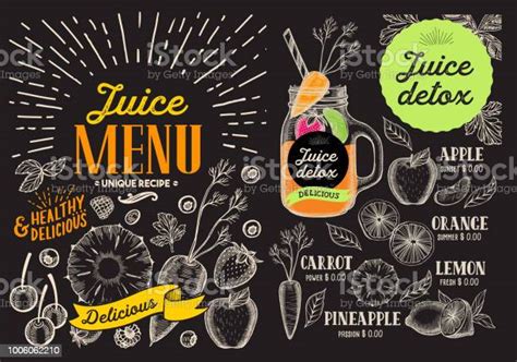 레스토랑 카페에 대 한 주스 스무디 메뉴입니다 벡터 음료 플라이어입니다 빈티지 과일 손으로 그린 삽화와 함께 서식 파일을 디자인 합니다 메뉴판에 대한 스톡 벡터 아트 및