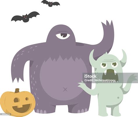 귀여운 스캐리 할로윈 Monsters 펌프킨 박쥐 벡터 10월에 대한 스톡 벡터 아트 및 기타 이미지 10월 감정 개념