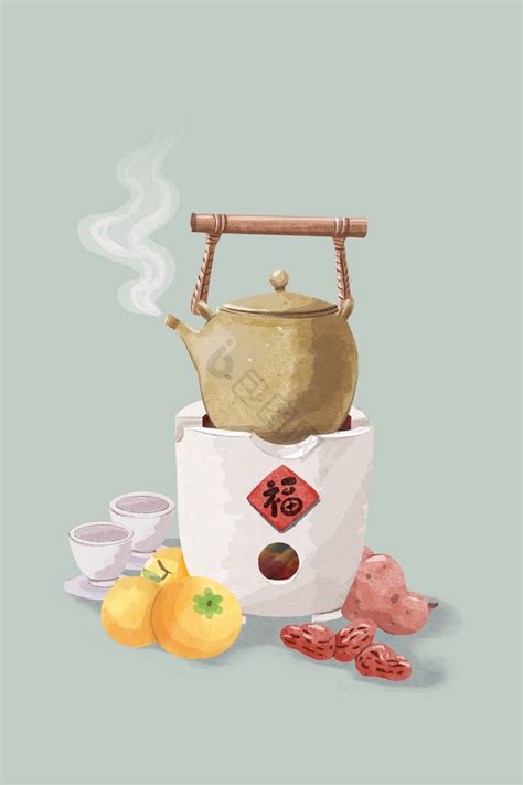 围炉煮茶组合3png下载 包图网