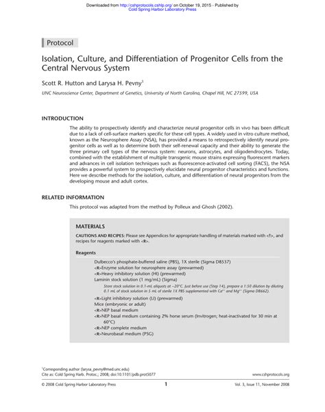 Pdf Isolation Culture And Differentiation Of Progenitor Cells From The Central Nervous System