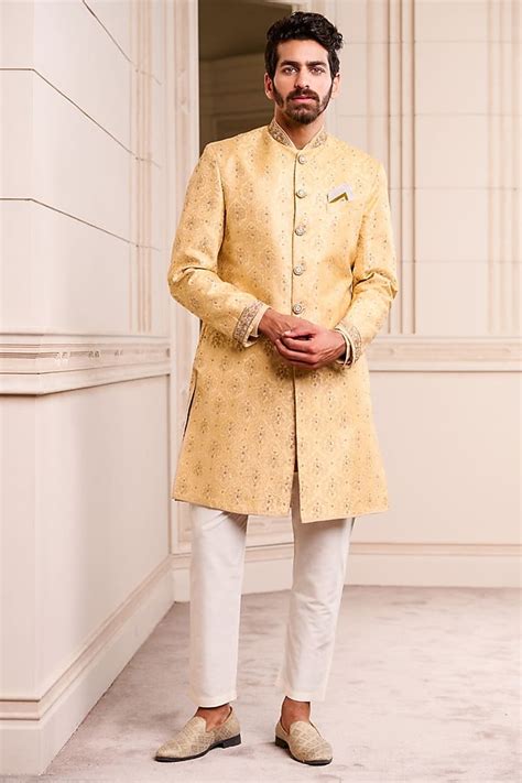 Gold Resham Brocade Embroidered Achkan Jacket Set By Tasva At Pernias
