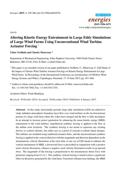 Pdf Altering Kinetic Energy Entrainment In Large Eddy Simulations Of
