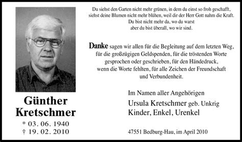 Traueranzeigen von Günther Kretschmer Trauer in NRW de