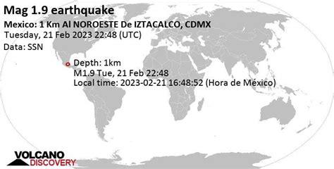 Séisme très faible mag 1 9 4 3 km au sud est de Mexico Mexique