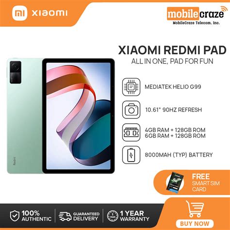 Xiaomi Redmi Pad Tablet 4GB 128GB 6GB 128GB MTK Helio G99 90Hz Display 8000mAh Battery
