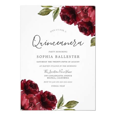 Beautiful Elegant Burgundy Red Flowers Quinceanera Invitation Zazzle