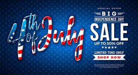 7 월 넷째 독립 기념일 판매 배너 디자인 파란색 배경에 미국 국기 패턴 3d 레터링 쿠폰 바우처 배너 전단지 프로모션 포스터 또는 Greeti에 대한 특별 제안 타이포