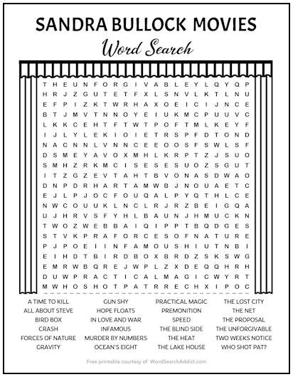 Sandra Bullock Movies Printable Word Search Puzzle Word Search Addict