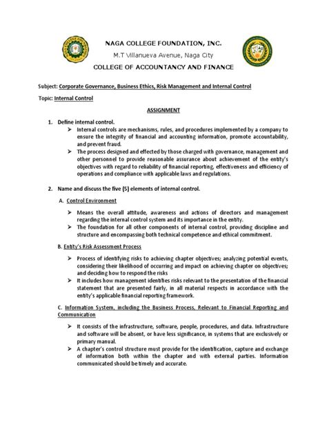Assignment In Corporate Governance Pdf Internal Control Business