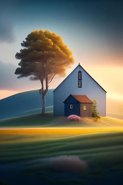 Premium Photo Serene Lonely Landscape With A Farmhouse Surreal