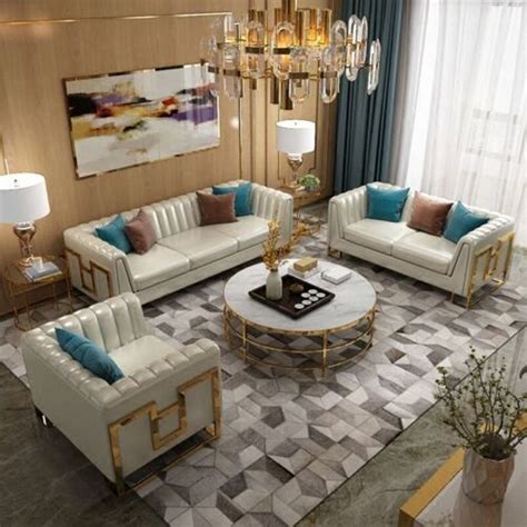 Jvmoebel Wohnzimmer Set Luxus Edelstahl Leder Couch Sitz 321 Set