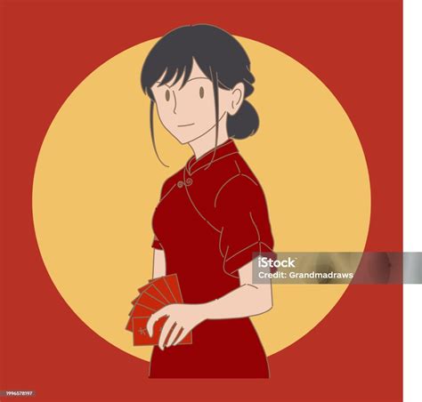 전통적인 치파오 치파오 드레스를 입고 빨간 봉투 앙파오를 들고 있는 행복한 젊은 여성 중국 설날 축제 축하 손으로 그린 평면