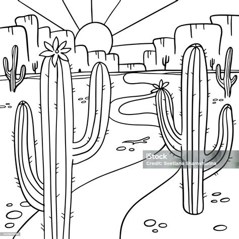 애리조나 사막에서 블루밍 선인장이있는 색칠 공부 페이지 어린이와 성인을위한 색칠 공부 책 안티 스트레스 젠 엉킴 스타일 흑백 그림 손으로 그린 벡터 선형 그림 컬러링 북