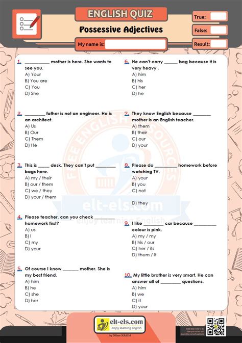 Possessive Adjectives Multiple Choice Test Elt