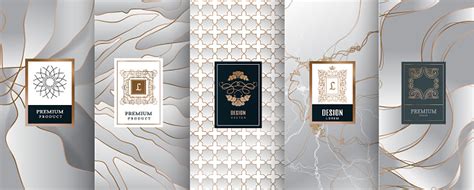 디자인 요소 레이블 아이콘 포장 고급 제품의 디자인에 대 한 프레임의 컬렉션입니다 황금 호 일로 만든 실버 및 대리석 배경에 고립 벡터 일러스트 레이 션 0명에 대한 스톡