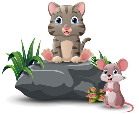 Premium Vector Cute Cat And Mouse Cartoon On The Stone