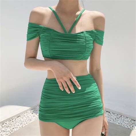 바이미뉴 섹시비키니 반팔수영복 홀터넥 오프숄더 투웨이룩 왕뽕비키니 작은가슴 섹시한 주름 쉬폰 비키니세트 귀여운 섹시한 하이웨스트비키니 수영복 3color 20대 30대