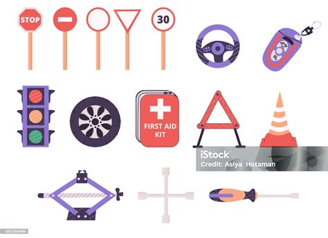 다른 요소로 설정 학교 세트를 운전 교통 표지판 빛 스티어링 및 자동차 바퀴 응급 처치 키트 경고 삼각형 자동차 잭 휠 렌치 콘 키 트렌디한 색상의 플랫 벡터 일러스트레이션