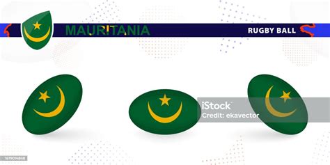 럭비 공은 추상적인 배경에 다양한 각도로 모리타니의 국기와 함께 설정된다 기에 대한 스톡 벡터 아트 및 기타 이미지 기 벡터 수평 구성 Istock