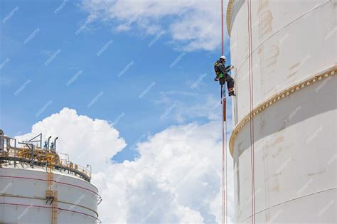 남성 작업자 다운 높이 탱크 루프 로프 액세스 저장 탱크 가스의 안전 검사 두께 용접 프리미엄 사진