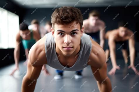 Premium Ai Image Shot Of A Young Man Doing Pushups With His Friends