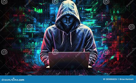 Hacker On A Laptop A Man Wearing A Hood On A Laptop Image Made Up Of Colorful Binary Code