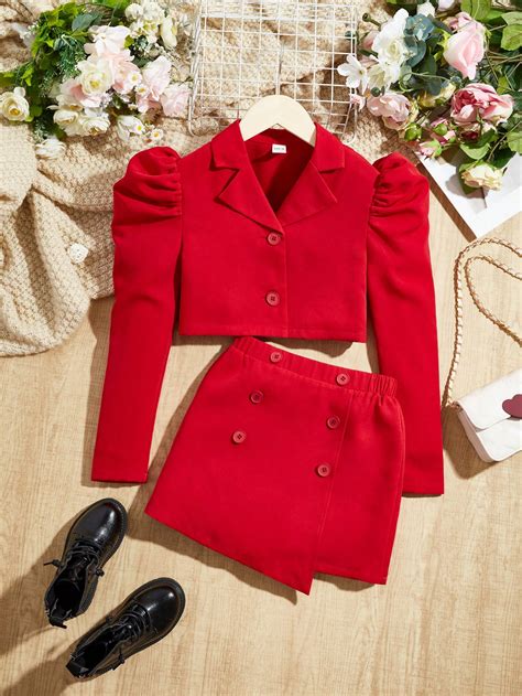 SHEIN Chica Preadolescente De Manga Gigot Cazadora Crop Bajo
