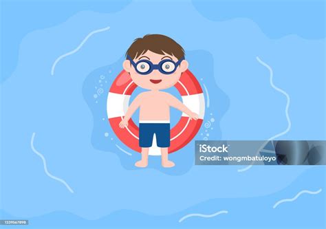 귀여운 작은 아이 수영 배경 벡터 일러스트 에 플랫 만화 스타일 수영복을 입고 여름에수영을 하고 물 활동을 하는 사람들 건강한