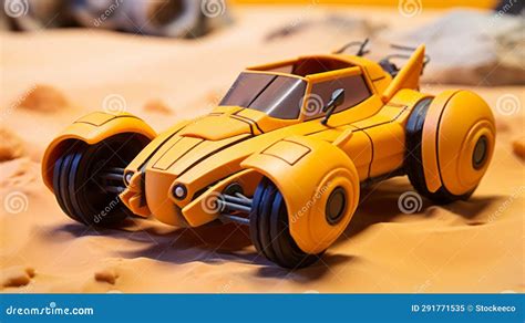 Bold Manga Inspired Yellow Toy Car Model On Desert Terrain Stock