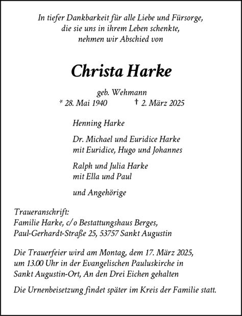 Traueranzeigen Von Christa Harke Ga Trauer De