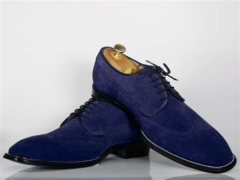 Handmade Mens Navy Blue Wing Tip Suede Formal Shoes Men Designer Dress Shoes Dress Shoes