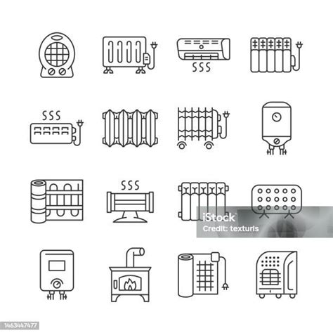 히터 라인 아이콘을 설정합니다 난방 장비 벡터 기호입니다 대류 난방기 오일 라디에이터 용광로 팬 히터 적외선 히터 따뜻한 바닥 에어컨 기호 0명에 대한 스톡 벡터 아트 및