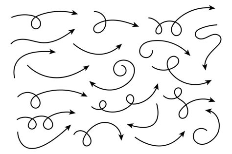 Collection of curved arrows. Set simple curved hand drawn arrows. Collection of pointers ...