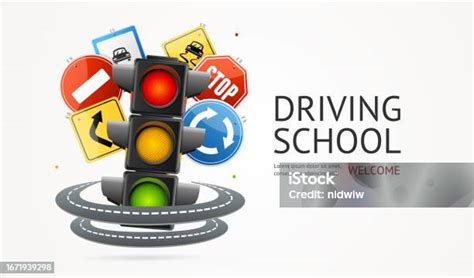 현실적인 상세한 3d 운전 학교 광고 배너 개념 포스터 카드 벡터 운전 배우기에 대한 스톡 벡터 아트 및 기타 이미지 운전