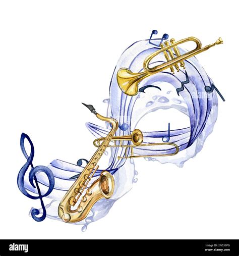 Musical Symbols And Wind Musical Instrument Watercolor Illustration