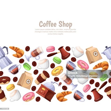 咖啡店 甜品 向量臥式無縫背景卡通插圖咖啡館或麵包店的設計項目向量圖形及更多卡通圖片 卡通 咖啡 飲品 咖啡機 Istock