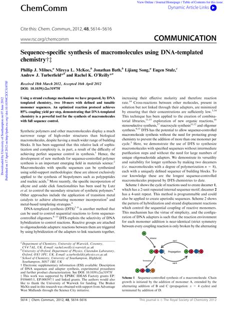Pdf Sequence Specific Synthesis Of Macromolecules Using Dna Templated Chemistry