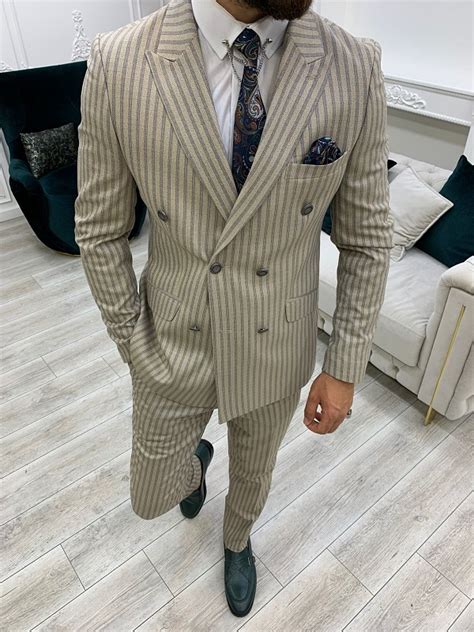 Cream Slim Fit Double Breasted Striped Suit For Men Bespokedailyshop