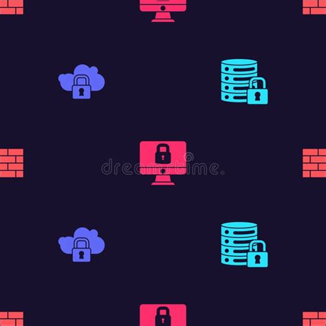 Set Server Security With Lock Cloud Computing Lock On Computer Monitor And Firewall Wall On