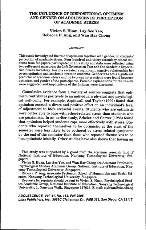 Pdf The Influence Of Dispositional Optimism And Gender On Adolescents