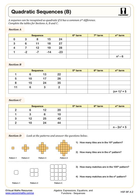 Quadratic Sequences B Worksheet Algebra Ii Pdf Worksheets
