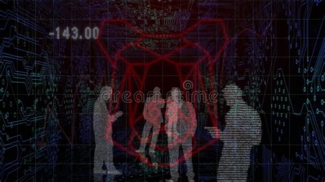 digital figures and data processing animation over people walking in