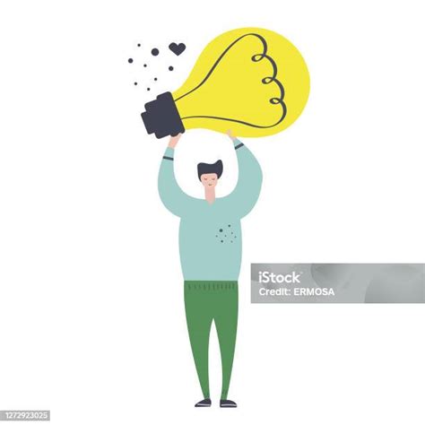 그의 손에 큰 전구를 들고 남자 아이디어 개념 플랫 벡터 그림입니다 개념에 대한 스톡 벡터 아트 및 기타 이미지 개념