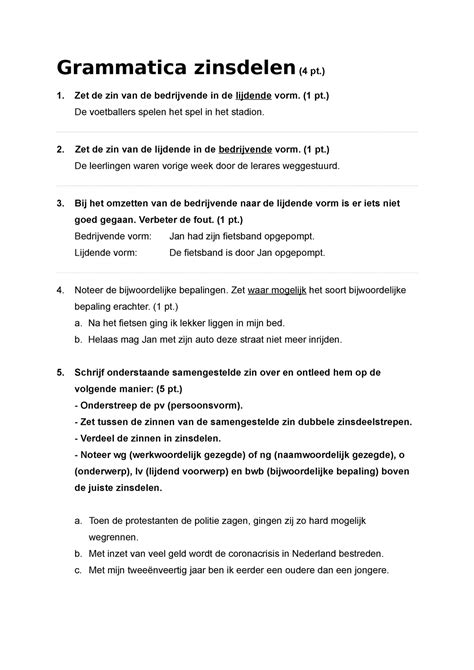 2hv Oefentoets Grammatica Grammatica Zinsdelen 4 Pt Zet De Zin Van