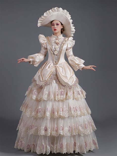Champagne Satin Lace Long Sleeve Appliques Rococo Baroque Dress