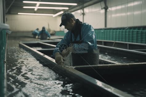 工人在养鱼场忙碌高清图片下载 正版图片600127401 摄图网